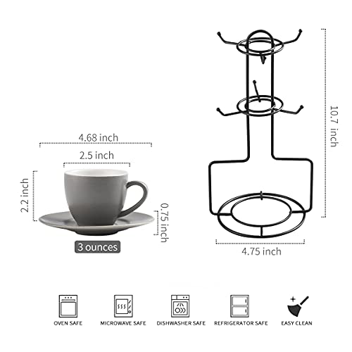 YHOSSEUN Porcelain Espresso Cups Set and Metal Stand 3 OZ Demitasse Cup For Coffee Shot, Mugs for Latte, Cafe Mocha, Cappuccino, and Tea, Serve for 6 Gray