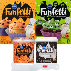 Pillsbury Funfetti Halloween Bundle, 1 of each Chocolate Slime Cake Mix and Halloween Cake Mix, 1 of each Frosting with Sprinkles, Black Chocolate and Orange Vanilla (Pack of 4) with By The Cup Spreader