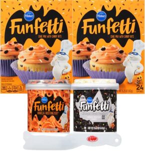 pillsbury funfetti halloween bundle, 2 cake mixes with candy bits, 1 of each frosting with sprinkles, black chocolate and orange vanilla (pack of 4) with by the cup spreader