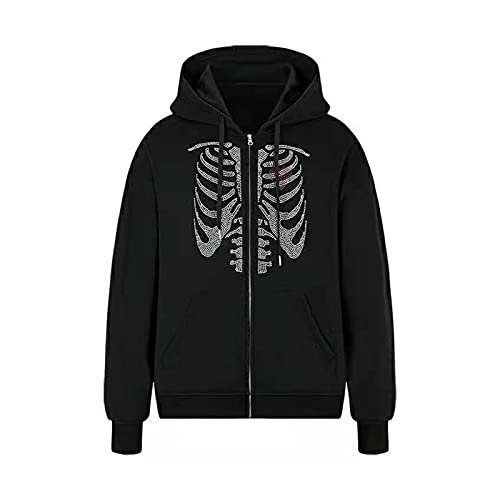 Women's Y2K Hoodie Gothic Skeleton Print Cardigan Sweatshirts Long Sleeve Oversized Pullover Jacket (Black , Large )