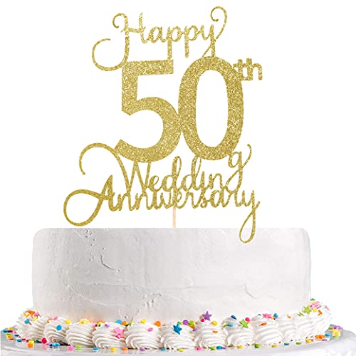 Wedding 50th Anniversary Cake Topper - Wedding Anniversary Party Decoration, Premium Gold Sequins, Happy 50th Anniversary, 50th Wedding Anniversary Cake Decoration.