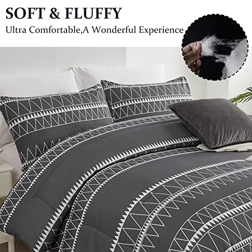 Dark Grey Comforter Set King, Reversible Gray Boho Triangle Bedding Comforter Set for King Bed - 3 Pieces (1 Comforter + 2 Pillowcases), Lightweight Microfiber Bedding Set 104"x 90"