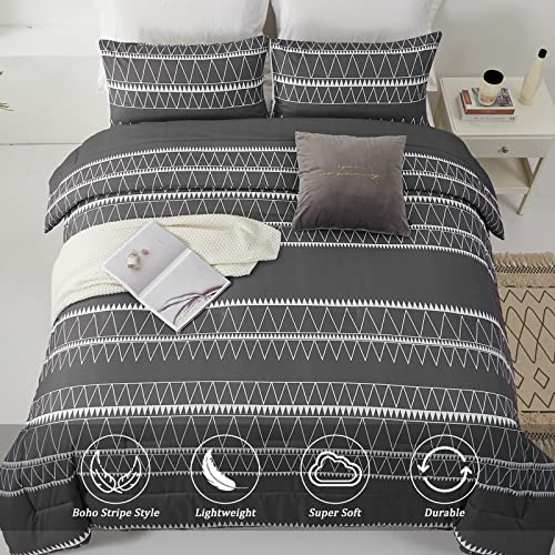 Dark Grey Comforter Set King, Reversible Gray Boho Triangle Bedding Comforter Set for King Bed - 3 Pieces (1 Comforter + 2 Pillowcases), Lightweight Microfiber Bedding Set 104"x 90"