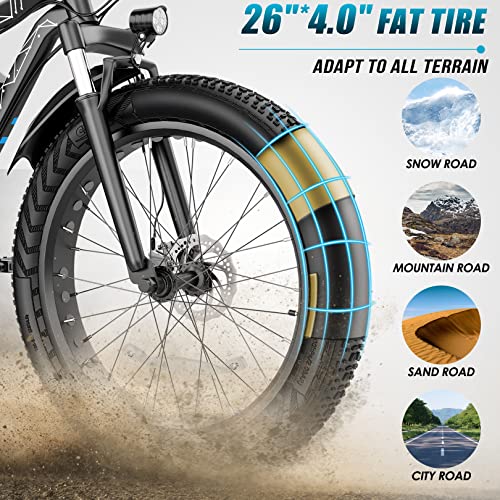 Vivi Electric Bike 26" x 4.0 Fat Tire Electric Bicycle, 48V 500W 13Ah Electric Mountain Bike, 25MPH Ebikes for Adults with Removable Lithium-Ion Battery, Professional 7 Speed