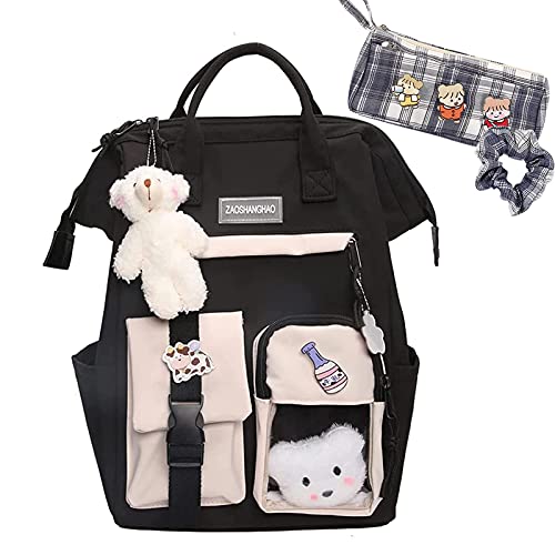 Skyearman Kawaii Backpack with Kawaii Pin Bear Pendant and Pencil Pouch Cute Backpack for Girls Kawaii Schoolbag Aesthetic Backpack, Black