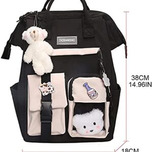 Skyearman Kawaii Backpack with Kawaii Pin Bear Pendant and Pencil Pouch Cute Backpack for Girls Kawaii Schoolbag Aesthetic Backpack, Black