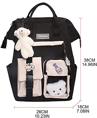 Skyearman Kawaii Backpack with Kawaii Pin Bear Pendant and Pencil Pouch Cute Backpack for Girls Kawaii Schoolbag Aesthetic Backpack, Black