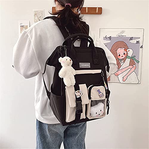 Skyearman Kawaii Backpack with Kawaii Pin Bear Pendant and Pencil Pouch Cute Backpack for Girls Kawaii Schoolbag Aesthetic Backpack, Black