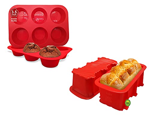 Walfos 2 Piece Silicone Loaf Pan Set and 2 Piece Silicone Texas Jumbo Muffin Pan Set- Non-Stick Silicone, Just PoP Out ! Food Grade and BPA Free !