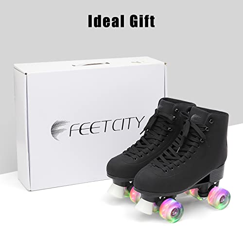 FEETCITY Womens Roller Skates High-Top Double-Row Leather Roller Skates for Girls Boys for Indoor Outdoor Size 8 Black