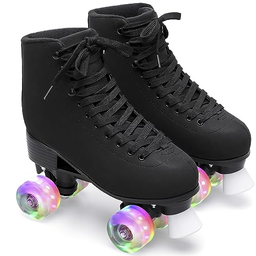 FEETCITY Womens Roller Skates High-Top Double-Row Leather Roller Skates for Girls Boys for Indoor Outdoor Size 8 Black