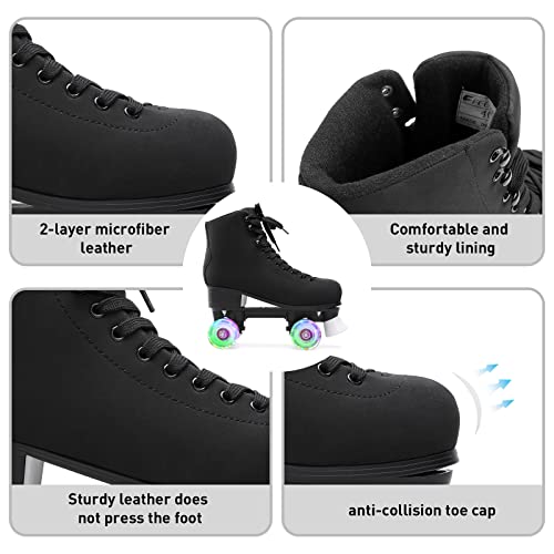 FEETCITY Womens Roller Skates High-Top Double-Row Leather Roller Skates for Girls Boys for Indoor Outdoor Size 8 Black