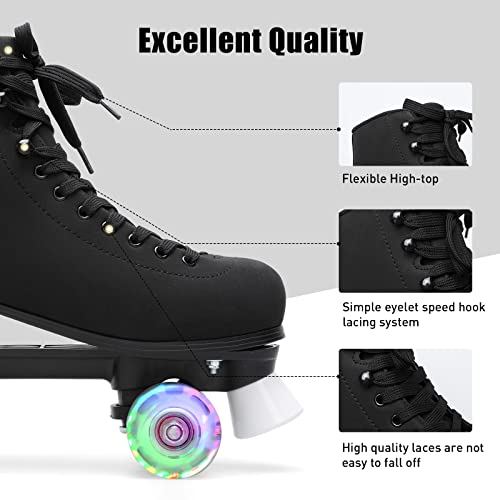 FEETCITY Womens Roller Skates High-Top Double-Row Leather Roller Skates for Girls Boys for Indoor Outdoor Size 8 Black