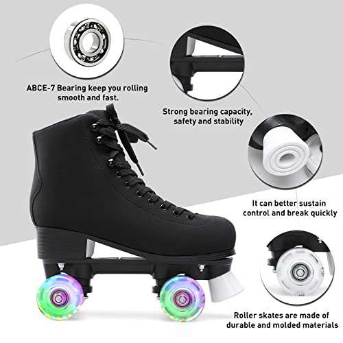 FEETCITY Womens Roller Skates High-Top Double-Row Leather Roller Skates for Girls Boys for Indoor Outdoor Size 8 Black