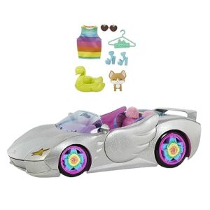 barbie extra toy car with fashion accessories & puppy, sparkly silver 2-seater convertible with hood storage & pet pool