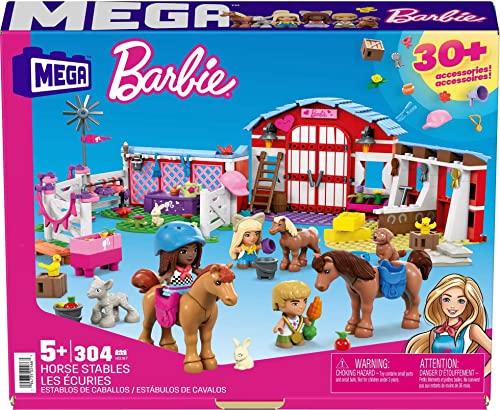 Mega Barbie Pets Horse Toy Building Set with 3 Micro-Dolls and Accessories, 9 Pets, Easy-to-Build Horse Stables Playset,