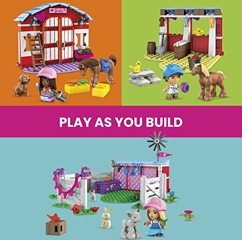 Mega Barbie Pets Horse Toy Building Set with 3 Micro-Dolls and Accessories, 9 Pets, Easy-to-Build Horse Stables Playset,