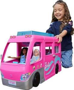 barbie camper playset, dreamcamper toy vehicle with 60 accessories including furniture, pool and 30-inch slide