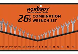 HORUSDY 26-Piece Wrench Set | Combination Wrench Set with Roll-up Pouch | SAE 1/4” - 1” and Metric 8mm - 24mm Wrench Set Metric and Standard