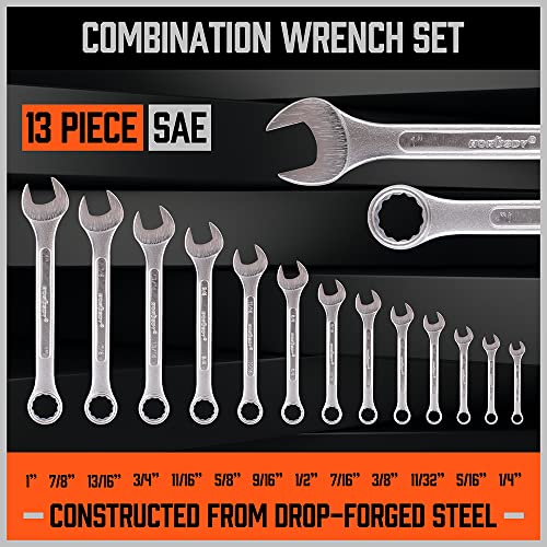 HORUSDY 26-Piece Wrench Set | Combination Wrench Set with Roll-up Pouch | SAE 1/4” - 1” and Metric 8mm - 24mm Wrench Set Metric and Standard