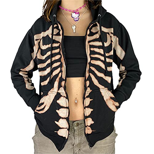 Sunwittafy Women's Oversized Zip Up Hoodies Y2k Long Sleeve Skeleton Print Hooded Sweatshirt Egirl Harajuku Jackets Coat