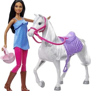 Barbie Doll and Horse, Bendable Brunette Doll with Riding Outfit and Boots, White Horse with Saddle, Bridle and Reins