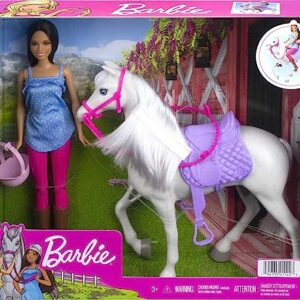 Barbie Doll and Horse, Bendable Brunette Doll with Riding Outfit and Boots, White Horse with Saddle, Bridle and Reins