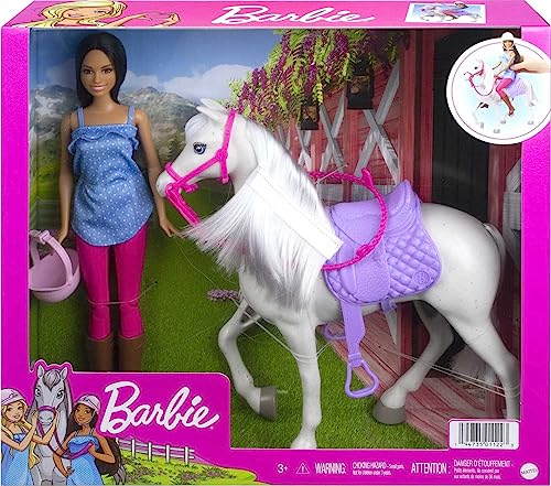 Barbie Doll and Horse, Bendable Brunette Doll with Riding Outfit and Boots, White Horse with Saddle, Bridle and Reins