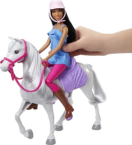 Barbie Doll and Horse, Bendable Brunette Doll with Riding Outfit and Boots, White Horse with Saddle, Bridle and Reins