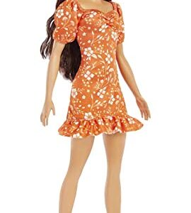 Barbie Fashionistas Doll, Long Wavy Brunette Hair, Headband, Orange Floral Print Dress with Ruffle Details & Heels, Toy for Kids 3 to 8 Years Old