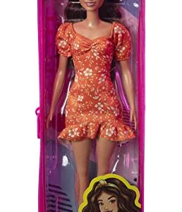 Barbie Fashionistas Doll, Long Wavy Brunette Hair, Headband, Orange Floral Print Dress with Ruffle Details & Heels, Toy for Kids 3 to 8 Years Old