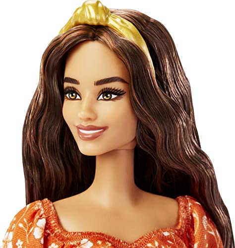 Barbie Fashionistas Doll, Long Wavy Brunette Hair, Headband, Orange Floral Print Dress with Ruffle Details & Heels, Toy for Kids 3 to 8 Years Old