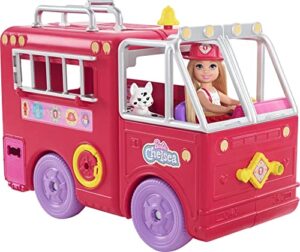 barbie chelsea can be doll & toy fire truck playset with blonde small doll, 2 pets & 15+ accessories, open for fire station