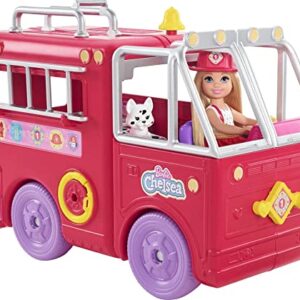 Barbie Chelsea Can Be Doll & Toy Fire Truck Playset with Blonde Small Doll, 2 Pets & 15+ Accessories, Open for Fire Station