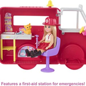 Barbie Chelsea Can Be Doll & Toy Fire Truck Playset with Blonde Small Doll, 2 Pets & 15+ Accessories, Open for Fire Station