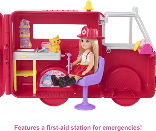 Barbie Chelsea Can Be Doll & Toy Fire Truck Playset with Blonde Small Doll, 2 Pets & 15+ Accessories, Open for Fire Station