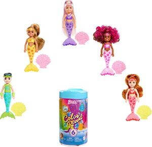 barbie color reveal rainbow mermaid series chelsea doll with 6 surprises, color change and accessories