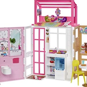 Barbie Doll House with Furniture & Accessories Including Pet Puppy, 4 Play Areas (Kitchen, Loft Bed, Bathroom & Dining Room) Small