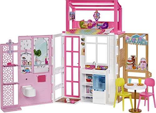 Barbie Doll House with Furniture & Accessories Including Pet Puppy, 4 Play Areas (Kitchen, Loft Bed, Bathroom & Dining Room) Small