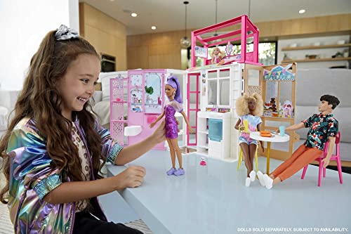 Barbie Doll House with Furniture & Accessories Including Pet Puppy, 4 Play Areas (Kitchen, Loft Bed, Bathroom & Dining Room) Small