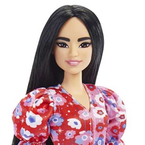 Barbie Fashionistas Doll, with Long Black Hair & Color Block Floral Dress with Puffed Sleeves, Strappy Purple Heels, Butterfly Ring, Toy for Kids 3 to 8 Years Old