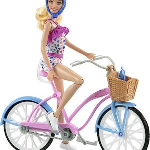 Barbie Doll & Bike Set with Accessories, Blonde in Rainbow Romper with Pink & Blue Bicycle, Helmet, Basket & Water Bottle