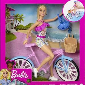 Barbie Doll & Bike Set with Accessories, Blonde in Rainbow Romper with Pink & Blue Bicycle, Helmet, Basket & Water Bottle