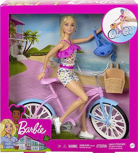 Barbie Doll & Bike Set with Accessories, Blonde in Rainbow Romper with Pink & Blue Bicycle, Helmet, Basket & Water Bottle