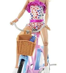 Barbie Doll & Bike Set with Accessories, Blonde in Rainbow Romper with Pink & Blue Bicycle, Helmet, Basket & Water Bottle