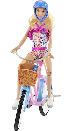 Barbie Doll & Bike Set with Accessories, Blonde in Rainbow Romper with Pink & Blue Bicycle, Helmet, Basket & Water Bottle