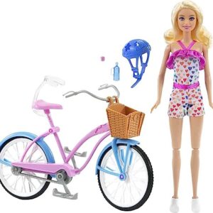 Barbie Doll & Bike Set with Accessories, Blonde in Rainbow Romper with Pink & Blue Bicycle, Helmet, Basket & Water Bottle