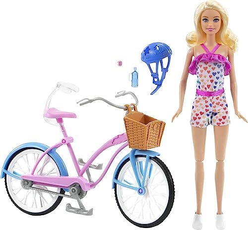 Barbie Doll & Bike Set with Accessories, Blonde in Rainbow Romper with Pink & Blue Bicycle, Helmet, Basket & Water Bottle