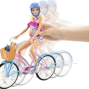 Barbie Doll & Bike Set with Accessories, Blonde in Rainbow Romper with Pink & Blue Bicycle, Helmet, Basket & Water Bottle