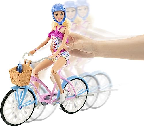 Barbie Doll & Bike Set with Accessories, Blonde in Rainbow Romper with Pink & Blue Bicycle, Helmet, Basket & Water Bottle